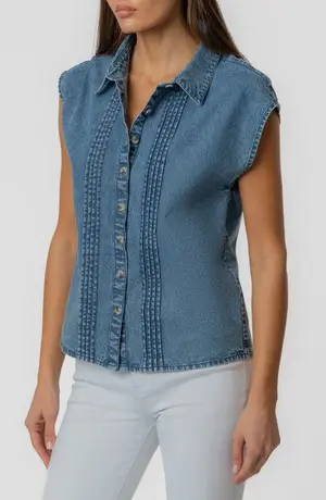 Kut From The Kloth Penelope Pintuck Cap Sleeve Denim Shirt