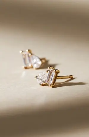 MADE BY MARY Toi Et Moi Stud Earrings With Emerald And Pear Cubic Zirconia
