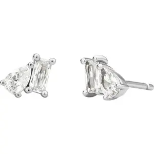 MADE BY MARY Toi Et Moi Stud Earrings With Emerald And Pear Cubic Zirconia - Silver
