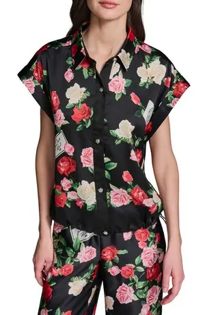 Karl Lagerfeld Paris Rose Print Button-up Shirt - Black Multi