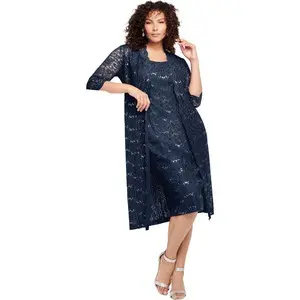 ROAMAN'S 3/4 Sleeve Formal Duster Sequin Embellished Lace Dress Set - Navy