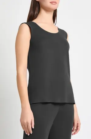 Ming Wang Mid-length Scoop Neck Knit Tank With Side Slits - Granite