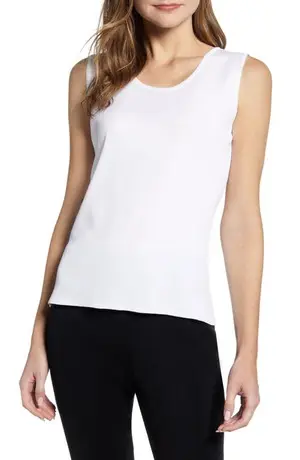 Ming Wang Mid-length Scoop Neck Knit Tank With Side Slits - White