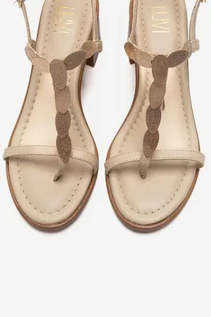 FOREVER & ALWAYS SHOES Serona Leather Block Heel Sandal - Beige