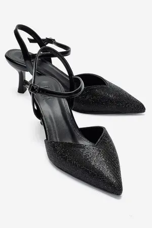 PROLOGUE SHOES Nivora Stiletto Pump With Embellished Ankle Strap - Black Beaded