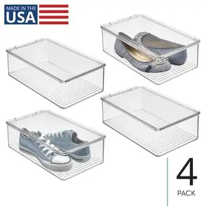 IDESIGN Stackable Plastic Shoe Box With Hinged-lid For Sneakers, Sandals, And Flats, Set Of 4