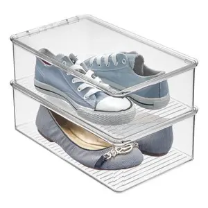IDESIGN Stackable Plastic Shoe Box With Hinged-lid For Sneakers, Sandals, And Flats, Set Of 2 - Clear