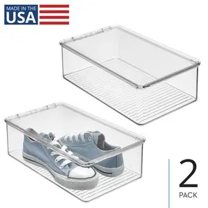 IDESIGN Stackable Plastic Shoe Box With Hinged-lid For Sneakers, Sandals, And Flats, Set Of 2