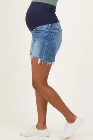 PINKBLUSH Maternity Distressed Frayed Hem Denim Shorts