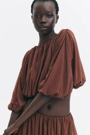 H&m Bubble-hem Cropped Top With 3/4 Balloon Sleeves