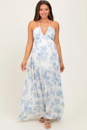 PINKBLUSH Floral Print Halter Neck Maxi Dress - Light Blue