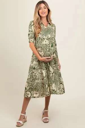 PINKBLUSH Floral Collared Tiered Midi Dress - Olive Green