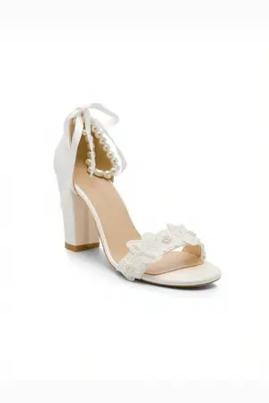 FOREVER & ALWAYS SHOES Elvian Floral Block Heel Bridal Sandals With Pearl Ankle Strap - Ivory