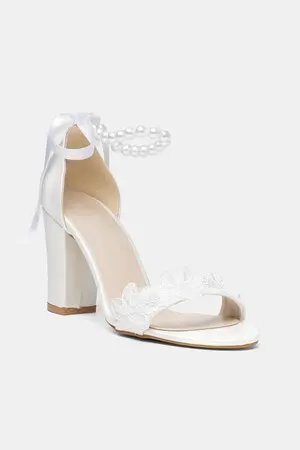 FOREVER & ALWAYS SHOES Elvian Floral Block Heel Bridal Sandals With Pearl Ankle Strap