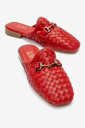 FOREVER & ALWAYS SHOES Senia Leather Woven Mule With Gold Hardware - Red