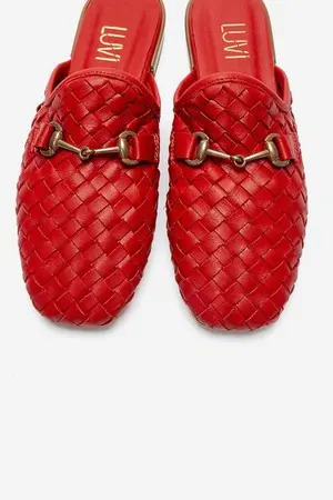 FOREVER & ALWAYS SHOES Senia Leather Woven Mule With Gold Hardware - Red