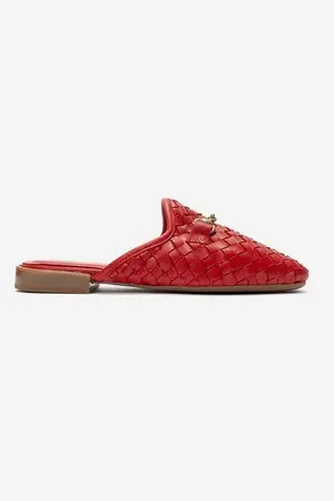 FOREVER & ALWAYS SHOES Senia Leather Woven Mule With Gold Hardware - Red