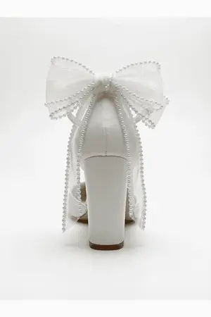 FOREVER & ALWAYS SHOES Elvienne Pointed Toe Block Heel Bridal Sandal With Bow Detailing