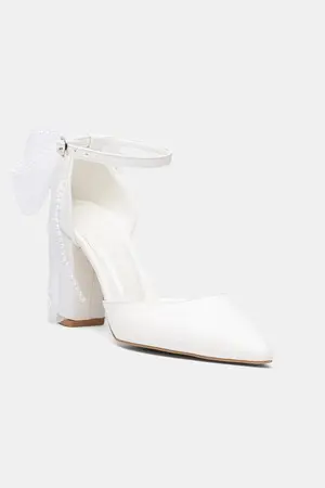 FOREVER & ALWAYS SHOES Elvienne Pointed Toe Block Heel Bridal Sandal With Bow Detailing - Ivory