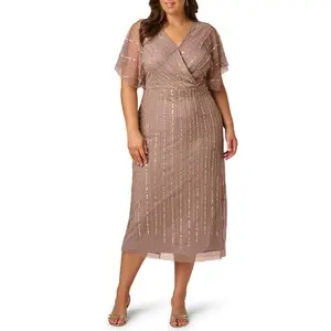 Adrianna Papell Beaded Cocktail Dress With Blouson Bodice And Billowy Sleeves - Stone