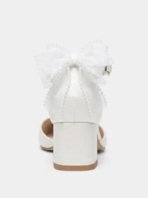 FOREVER & ALWAYS SHOES Rosavelle Pointed Toe Block Heel Bridal Sandal With Bow Detailing - Ivory