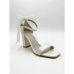 FOREVER & ALWAYS SHOES Evarose Bow Detail Block Heel Bridal Sandal - Ivory