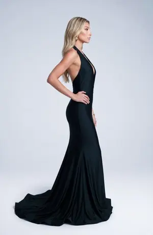 JESSICA ANGEL Plunging Halter Neck Mermaid Evening Gown - Black