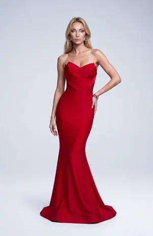 JESSICA ANGEL Strapless Layered Tulip Bodice Mermaid Evening Gown - Red