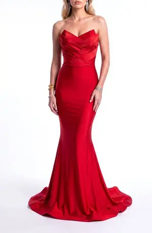 JESSICA ANGEL Strapless Layered Tulip Bodice Mermaid Evening Gown - Red