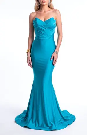 JESSICA ANGEL Strapless Layered Tulip Bodice Mermaid Evening Gown - Turquoise