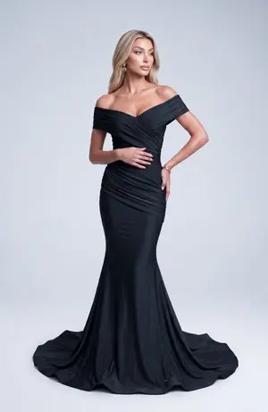 JESSICA ANGEL Off The Shoulder Ruched Mermaid Evening Gown - Black