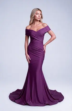 JESSICA ANGEL Off The Shoulder Ruched Mermaid Evening Gown - Grape