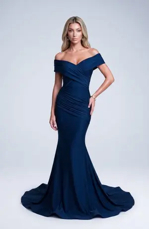 JESSICA ANGEL Off-the-shoulder Ruched Mermaid Evening Gown - Navy