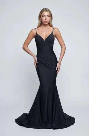 JESSICA ANGEL Ruched Plunge Neck Mermaid Evening Gown - Black