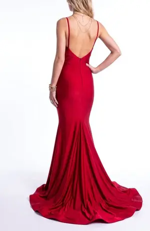 JESSICA ANGEL Ruched Plunge Neck Mermaid Evening Gown - Red
