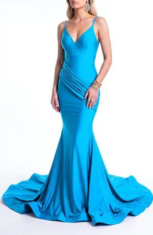 JESSICA ANGEL Ruched Plunge Neck Mermaid Evening Gown - Turquoise