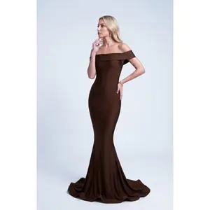 JESSICA ANGEL Off The Shoulder Sculpted Mermaid Evening Gown - Brown