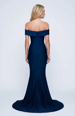 JESSICA ANGEL Off-the-shoulder Sculpted Mermaid Evening Gown - Navy