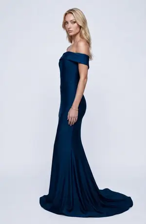 JESSICA ANGEL Off-the-shoulder Sculpted Mermaid Evening Gown - Navy