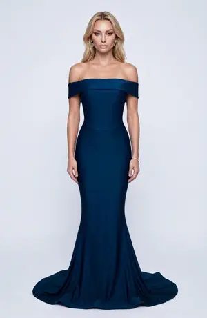 JESSICA ANGEL Off-the-shoulder Sculpted Mermaid Evening Gown - Navy