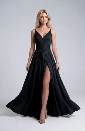 JESSICA ANGEL Cross Front Neck Empire Waist Satin Gown - Black