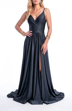 JESSICA ANGEL Cross Front Neck Empire Waist Satin Gown - Black