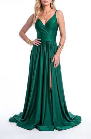 JESSICA ANGEL Jessica Angel Cross Front Neck Empire Waist Satin Gown Forest Green