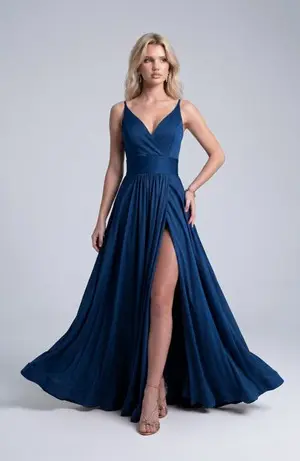 JESSICA ANGEL Cross Front Neck Empire Waist Gown - Navy