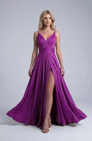 JESSICA ANGEL Cross Front Neck Empire Waist Satin Gown - Plum