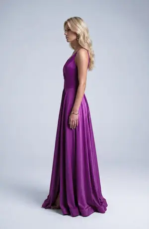 JESSICA ANGEL Cross Front Neck Empire Waist Satin Gown - Plum