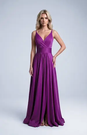 JESSICA ANGEL Cross Front Neck Empire Waist Satin Gown - Plum