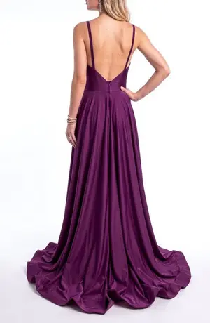JESSICA ANGEL Cross Front Neck Empire Waist Satin Gown - Plum