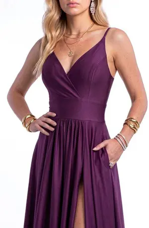 JESSICA ANGEL Cross Front Neck Empire Waist Satin Gown - Plum