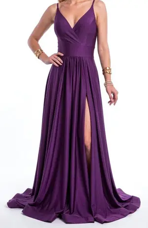 JESSICA ANGEL Cross Front Neck Empire Waist Satin Gown - Plum